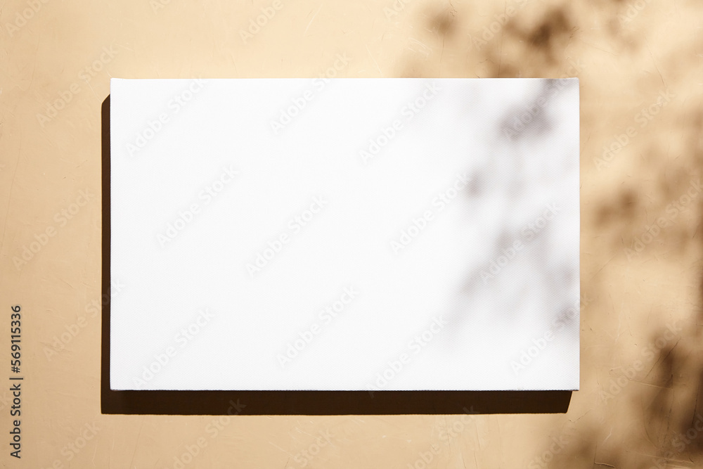 White canvas, blank picture mockup hanging on beige wall with dark ...