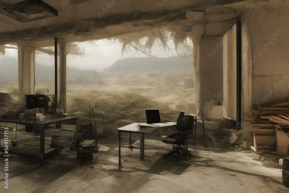 Office with destroyed inventory and a window overlooking a colorless ...