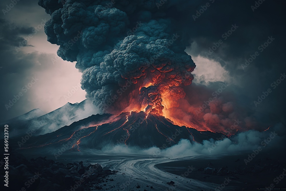 Massive volcanic eruption. Boiling lava flows from the crater. Smoke ...