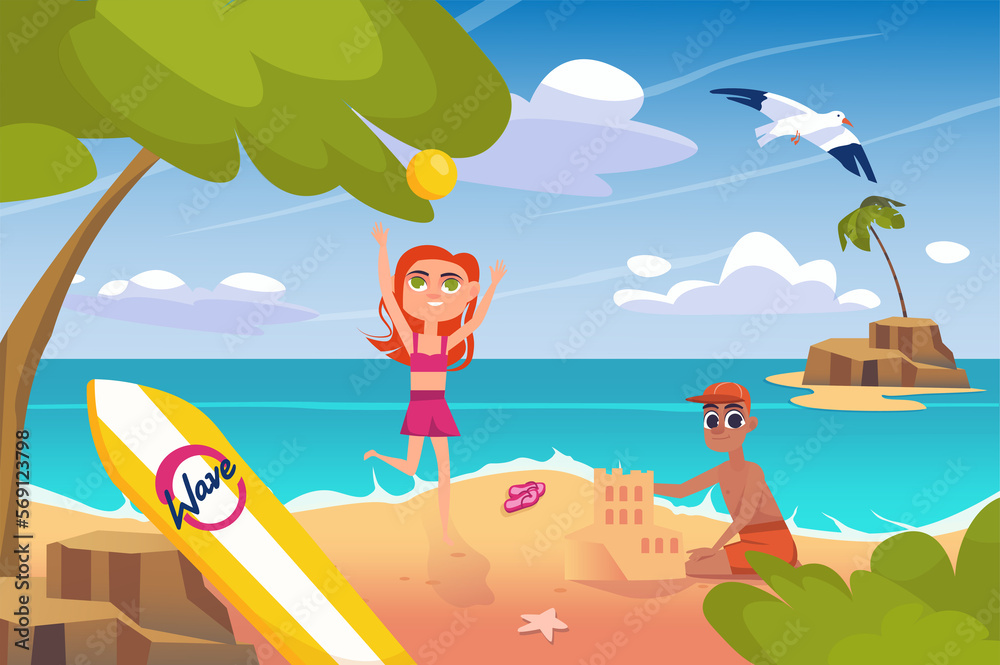 Concept Beach with people scene in the background cartoon style ...