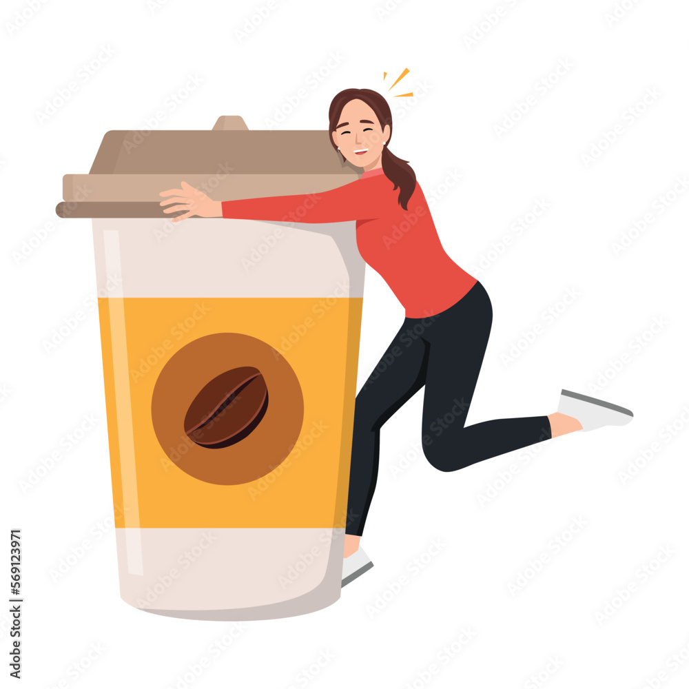 Cute girl hugs giant coffee mug flat cartoon vector illustration ...