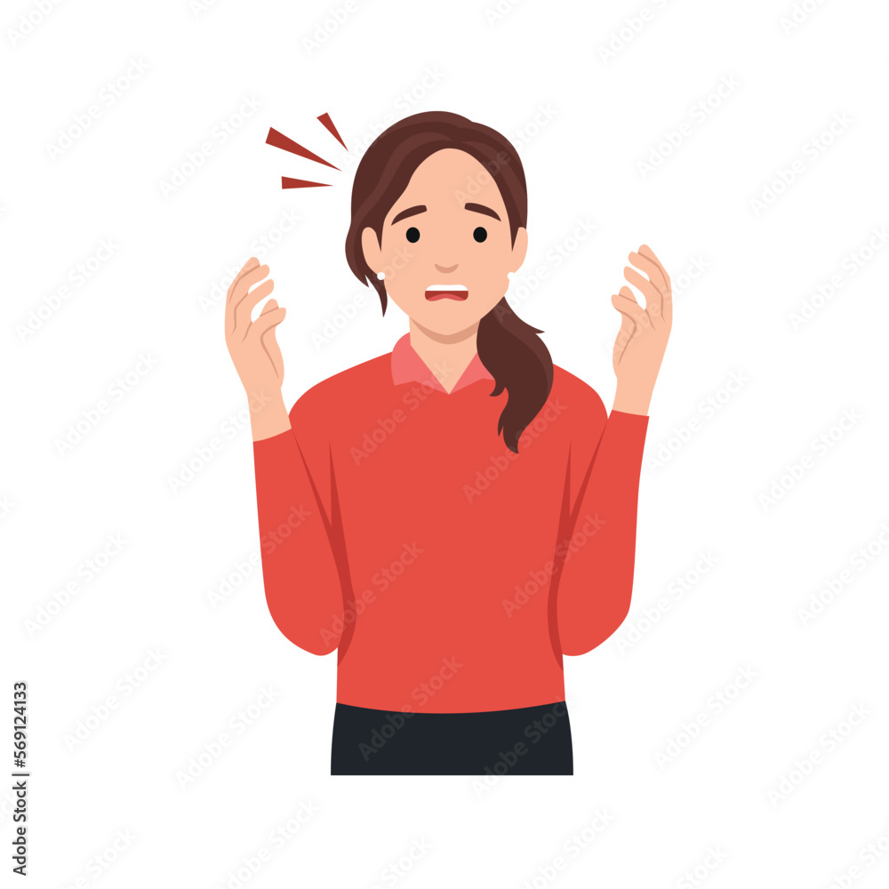 Frustrated woman talks about problem. Female character can not find ...