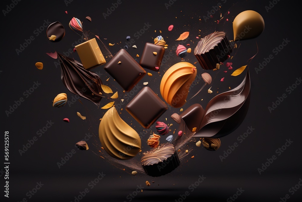 a group of chocolates flying through the air with confetti and other ...