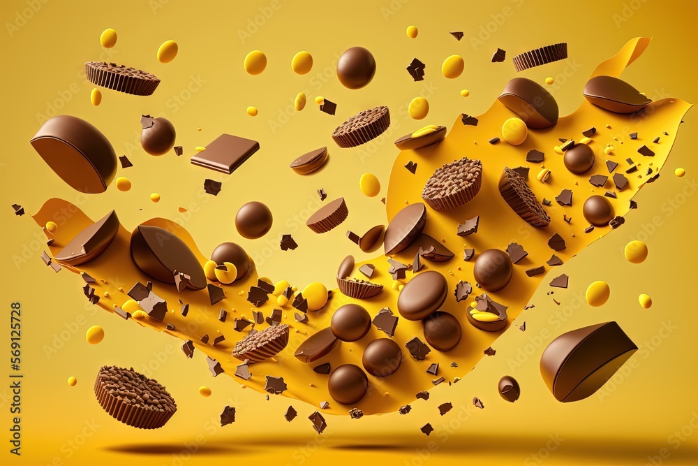 a yellow background with chocolates and other chocolates falling into ...