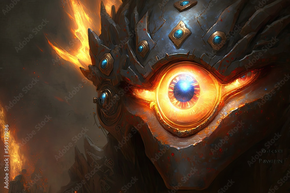 A cyclop with a single, blazing eye, who crafts powerful weapons for ...