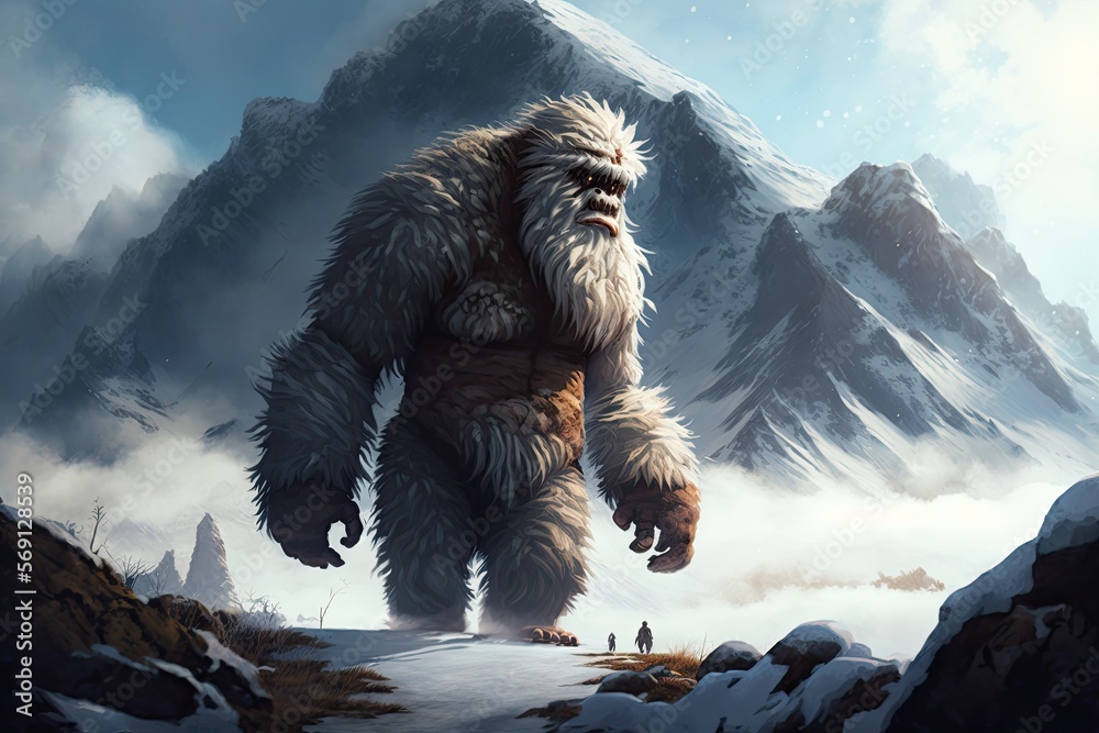 A mysterious yeti roams the snowy peaks of the Himalayas, its shaggy ...