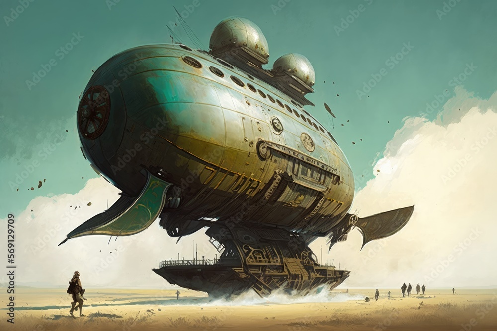 Futuristic airship landings and takeoffs steampunk style painting ...