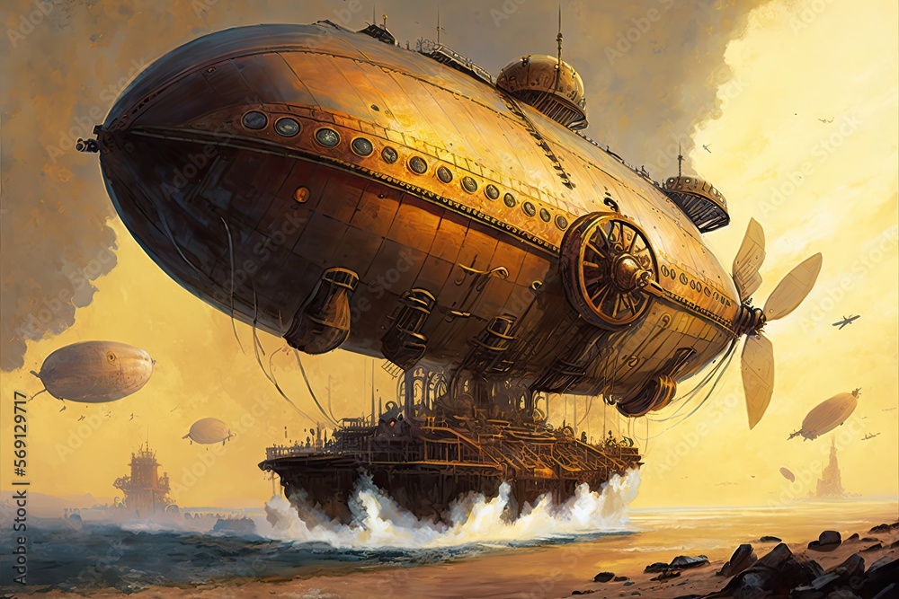 Futuristic airship landings and takeoffs steampunk style painting ...