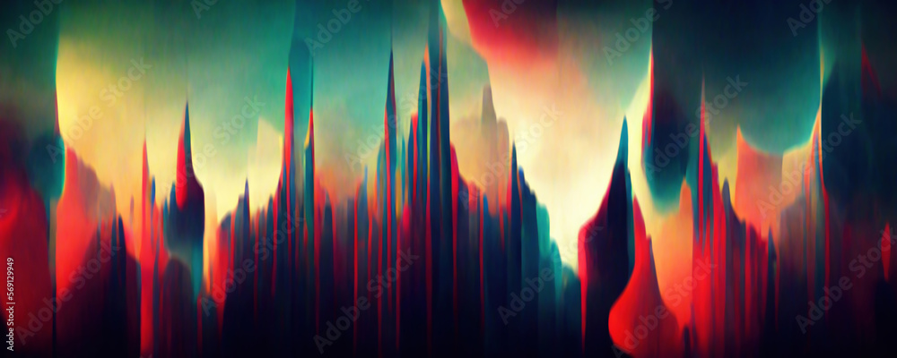 Glitch texture. Sunset cityscape. Distortion design. Red blue yellow ...