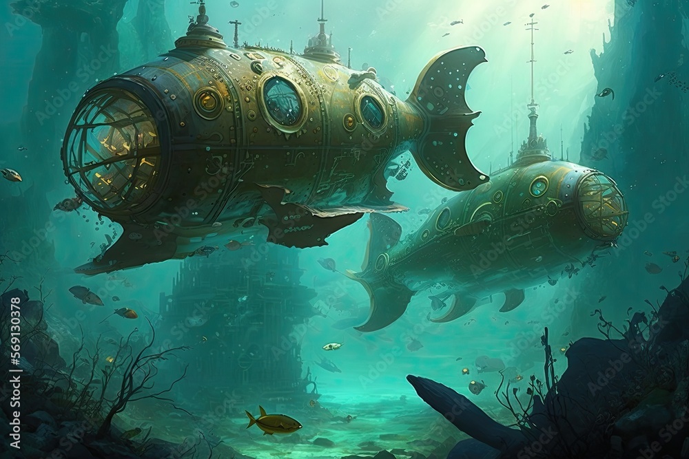 Futuristic submarines navigating underwater cities steampunk style ...