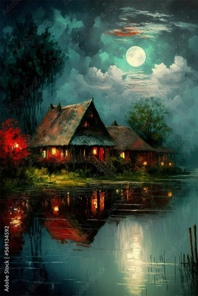 Cabin By The Lake At Night