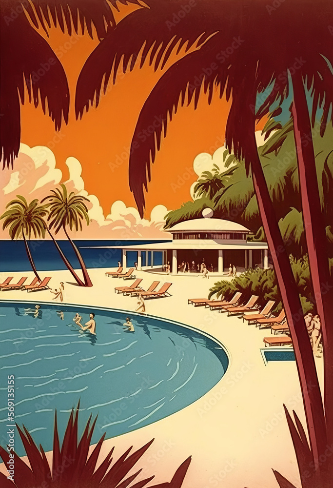 Vintage styled tropical summer beach resort hotel poster design ...
