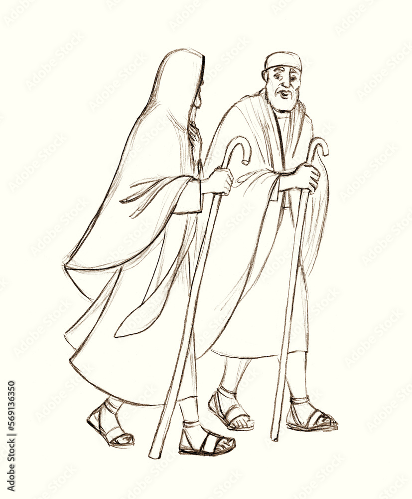 Pencil drawing. Jesus talks to the disciples as he walks the road Stock ...