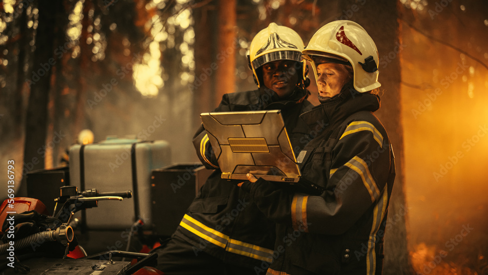 Portrait of Female and Male Professional Firefighters Standing Next to ...