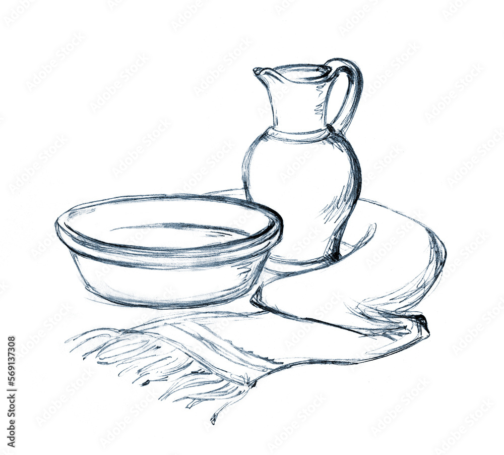 Foot washing. Pencil drawing scene Stock Illustration | Adobe Stock