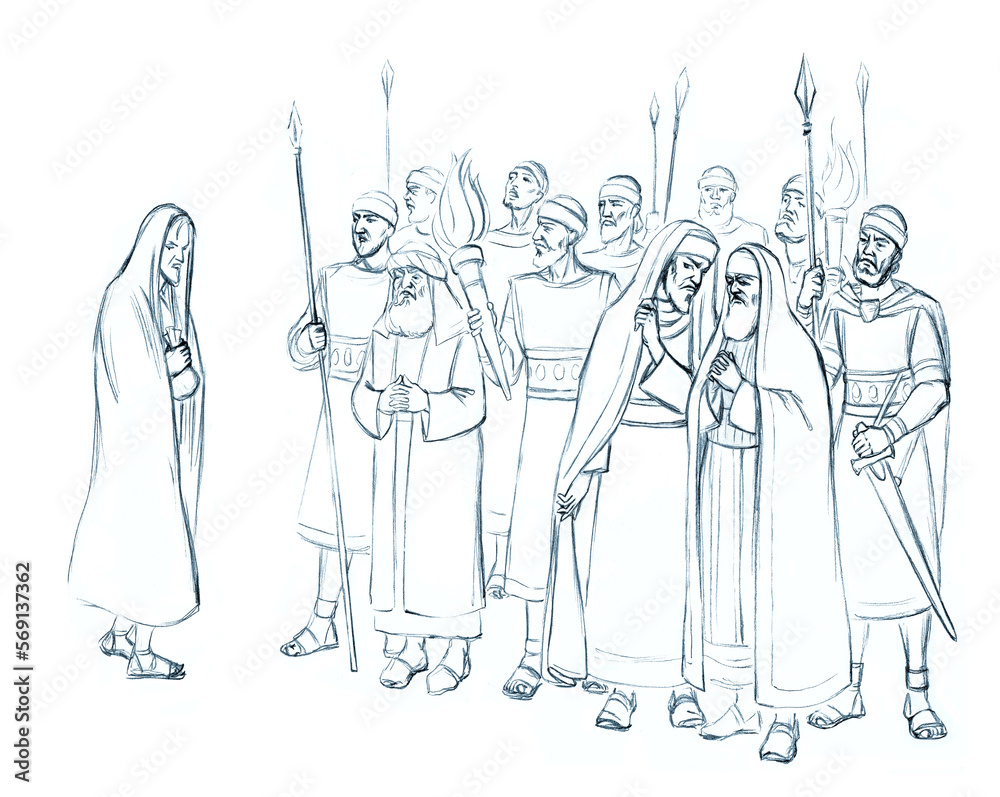 Pharisees and high priests with soldiers in Gethsemane. Pencil drawing ...