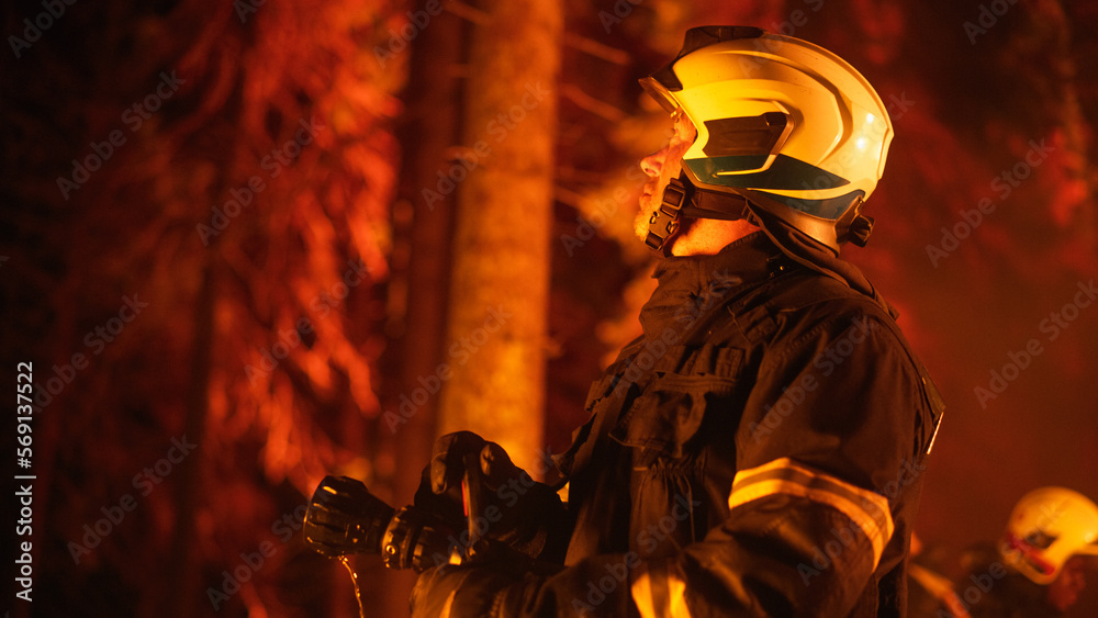 Experienced Firefighter Extinguishing a Wildland Fire Deep in the Woods ...