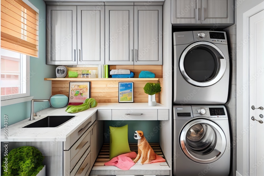 Modern laundry room, with modern colors, wood, two washing machines ...
