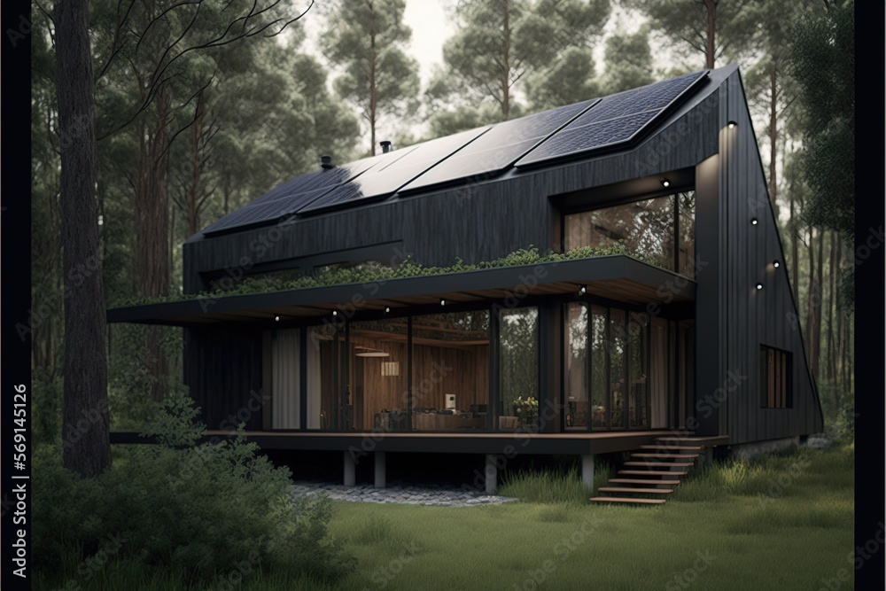 A beautiful house with a beautiful roof covered with solar panels ...