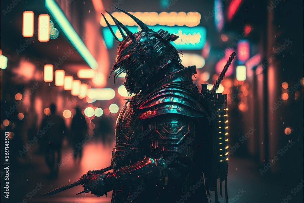 Ilustração do Stock: Image of a samurai standing on the street of a ...