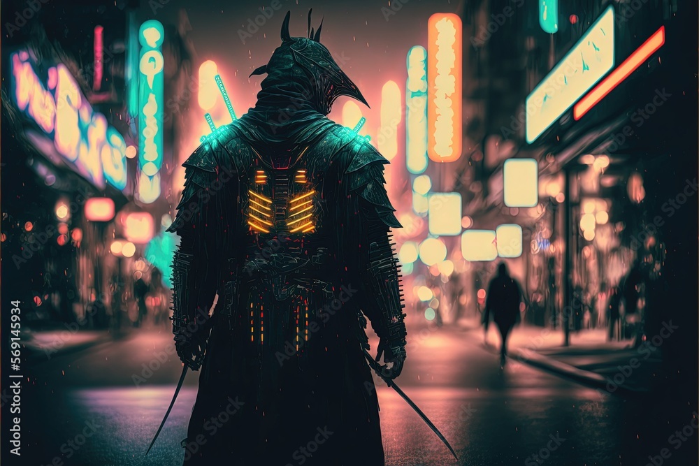 Stylish illustration of a future samurai in high-tech armor, cyberpunk ...