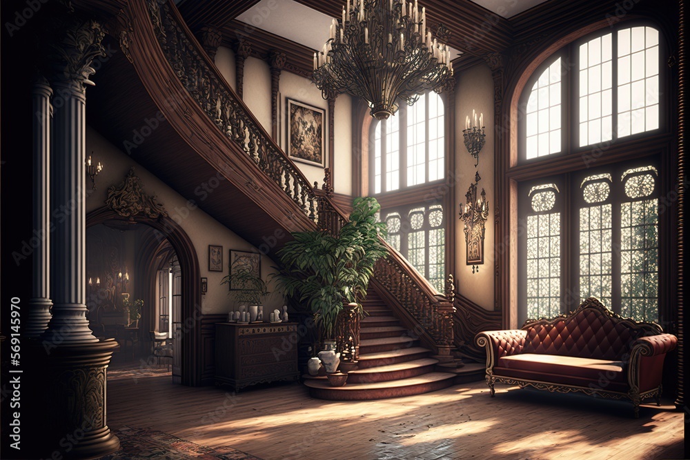 the room is decorated with wooden panels, a massive vintage sofa, and a ...