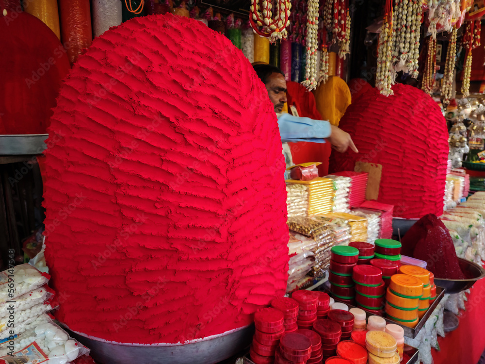 Stock photo of vermillion or red powder pyramid kept in street shop ...