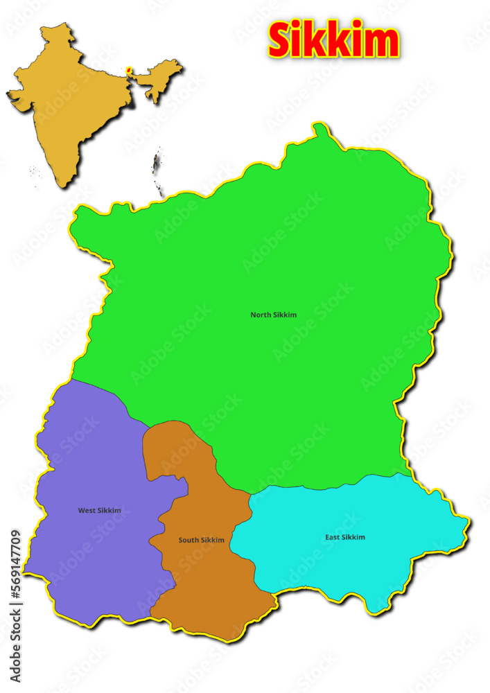 Map of Sikkim State with names of regions. Vector illustration of ...