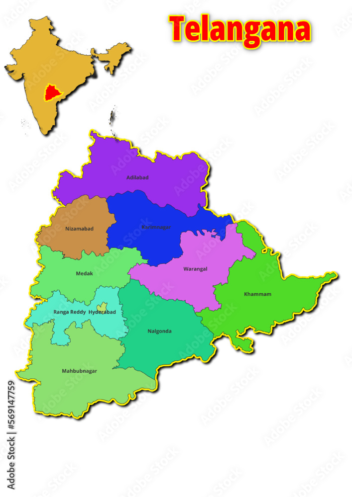 Map of Telangana State with names of regions. Vector illustration of ...