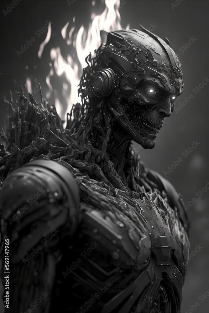 A mechanically advanced skeleton resembling a Terminator, embodying a ...