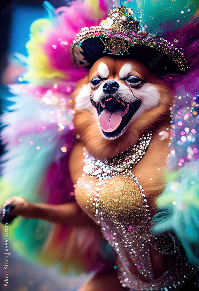 Portrait of a happy Pomeranian dog dressed as Carnival with makeup, wig ...