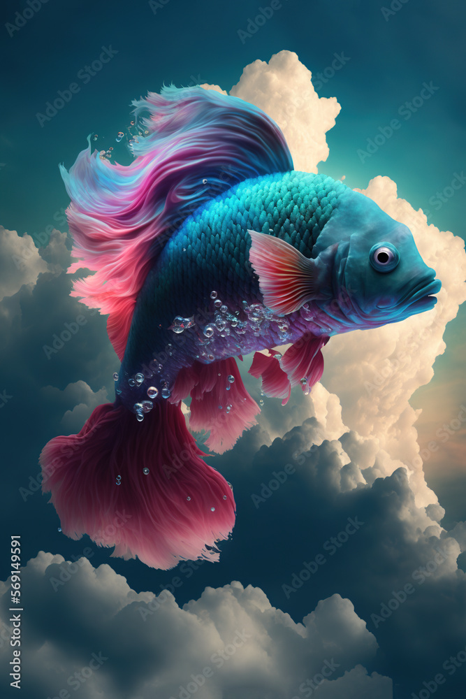 Tropical fish. Color graphic portrait of a fighting fish on a clouds ...