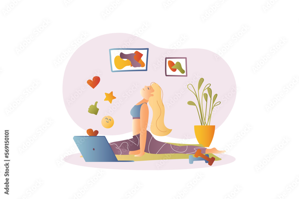 Fitness concept with people scene in the flat cartoon style. Blogger ...