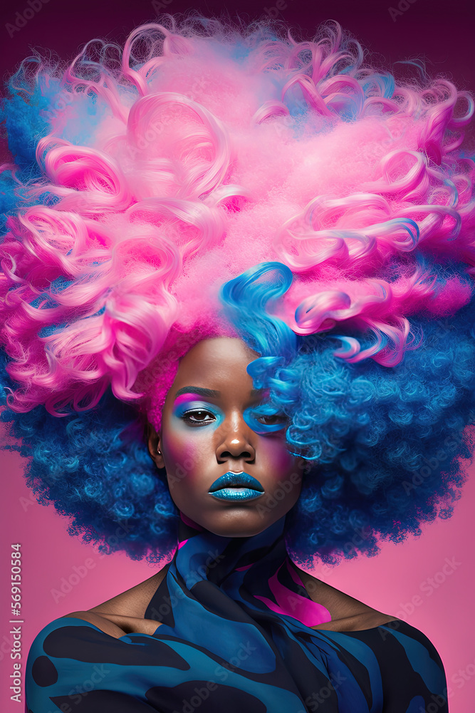 full face glamorous black model with colorful hair and wearing fashion ...