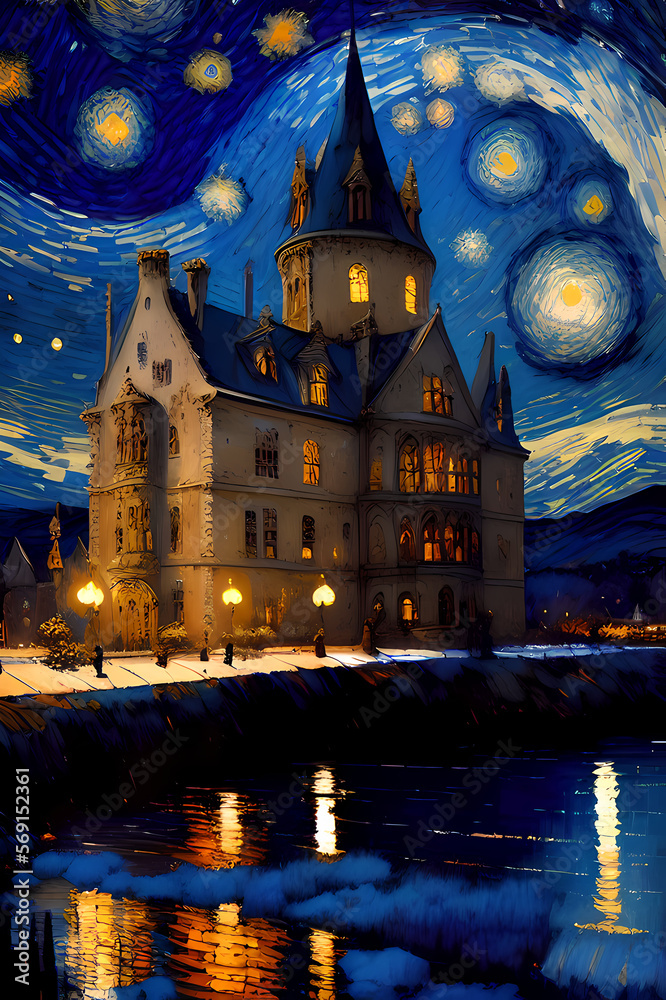 Castle illustration in the style of Van Gogh - Starry Night. Generative ...