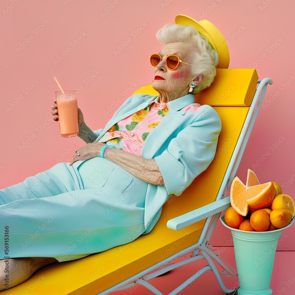 A modern grandmother in a blue outfit enjoys a sunny summer day with a ...