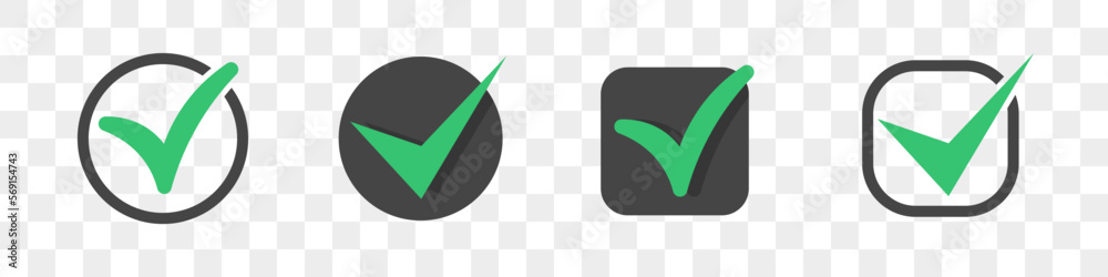 Set of different check icons on a transparent background. Green and ...