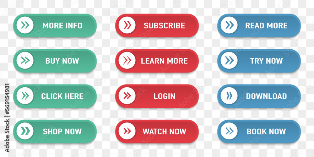 Web buttons collection with shadow. Set of buttons in a flat design ...