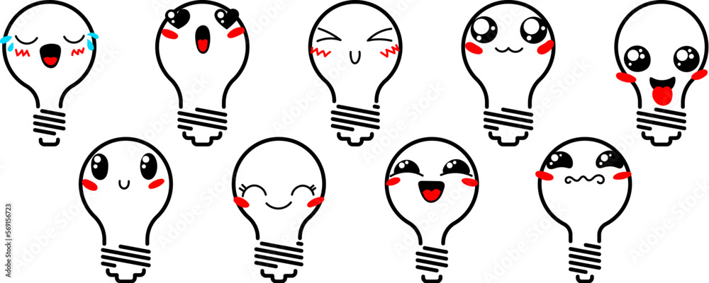Set of Various Cartoon Bulbs with Emoticons. Doodle lightbulb, ideas ...