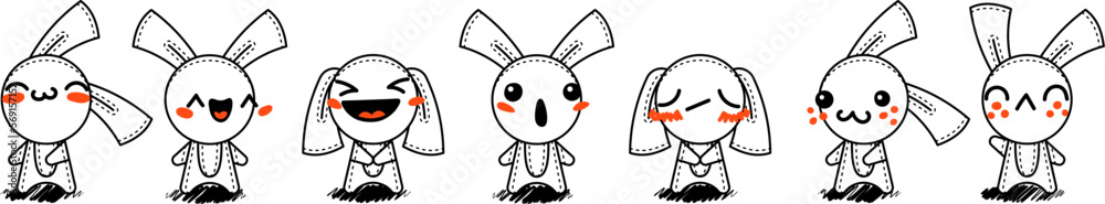 Outline Cartoon Rabbits. Emoticons, doodle faces, eyes and mouth ...