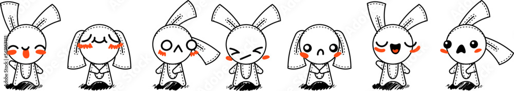 Outline Cartoon Rabbits. Emoticons, doodle faces, eyes and mouth ...