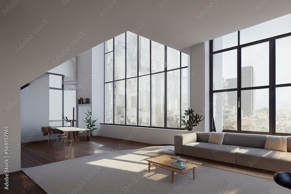 A contemporary, upscale loft apartment with a sleek white aesthetic in ...