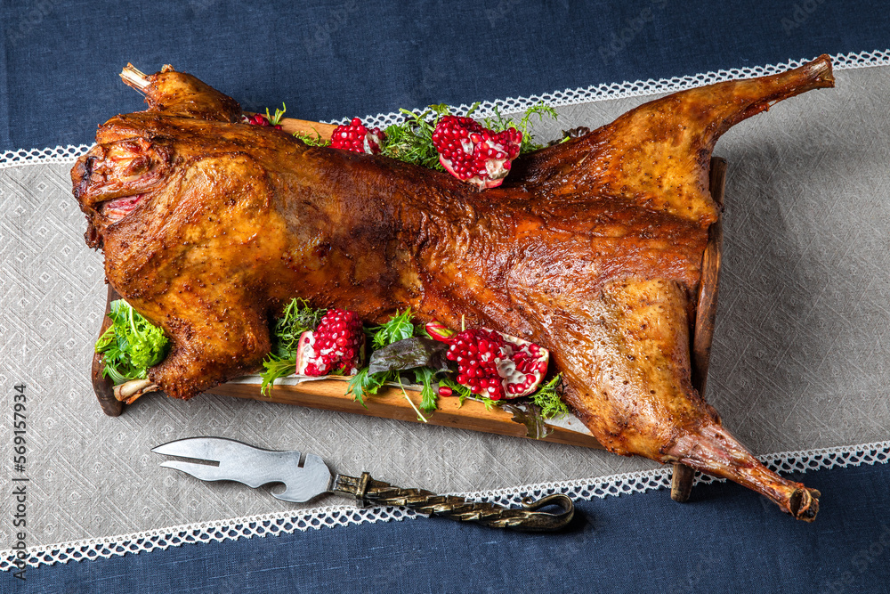 Food Table Celebration Delicious Party Meal Concept. Roasted whole lamb ...