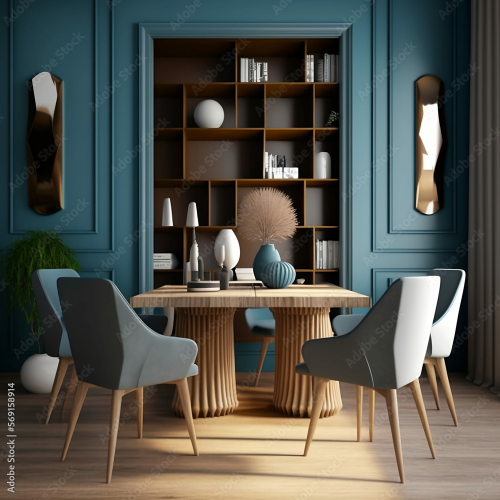 Interior design con tavolo e sedie in legno. Sala da pranzo moderna con ...