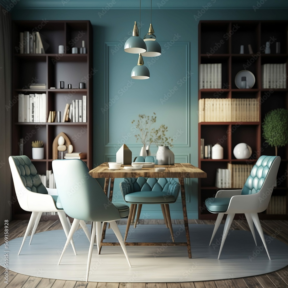 Interior design con tavolo e sedie in legno. Sala da pranzo moderna con ...