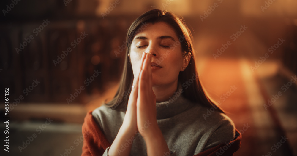 Devout Praying Christian Woman, Bowing In Humble Reverence To God. With ...