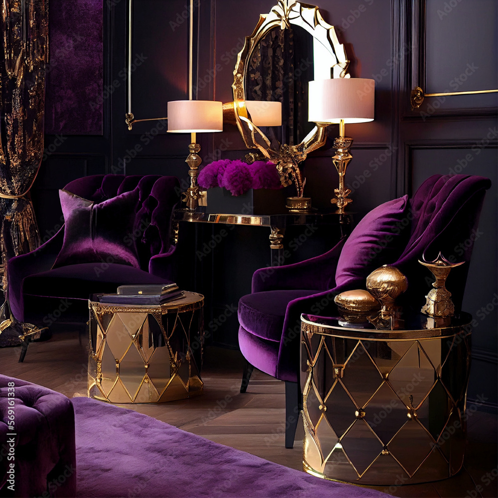 Interior design of a living room with deep purple walls and metallic ...