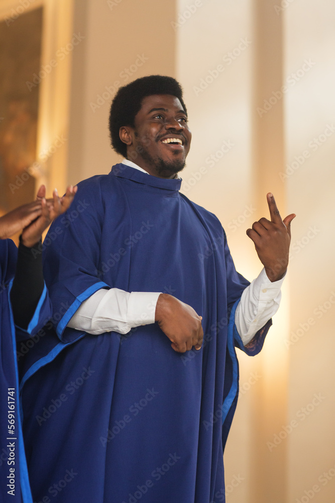 Portrait of Cheerful African American Man in Blue Robe in Sunday Church ...
