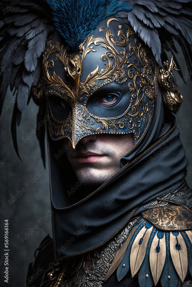 Illustration of a man dressed with a Venetian mask and costume from seventeenth-century for a ...