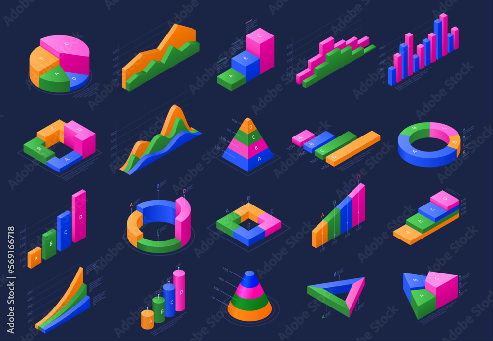 Isometric infographic. Rising chart, pie diagram and statistical data ...